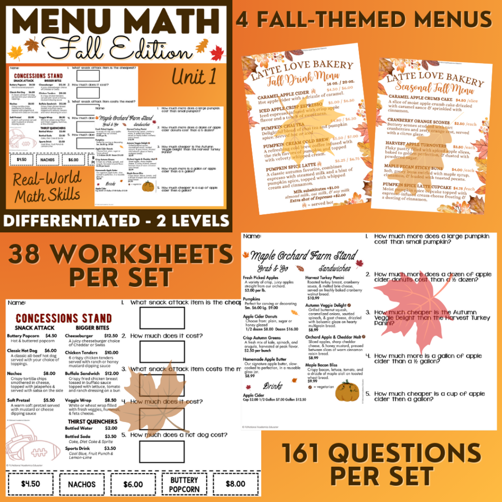 Fall Menus BUNDLE 1 - Reading Menus & Menu Math - Life Skills - Made By ...