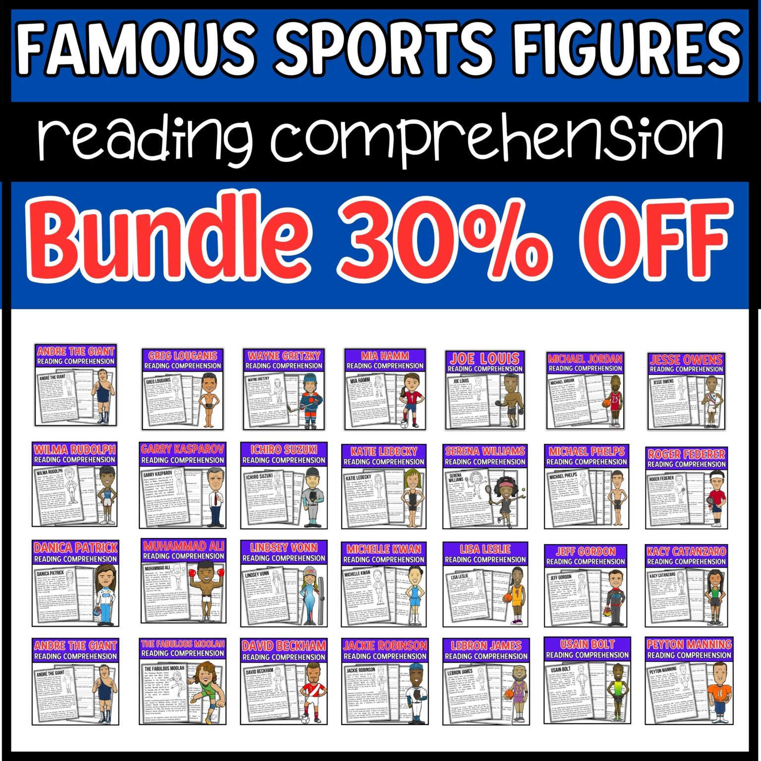 Famous Sports Figures Reading Comprehension Passage & Questions Bundle ...