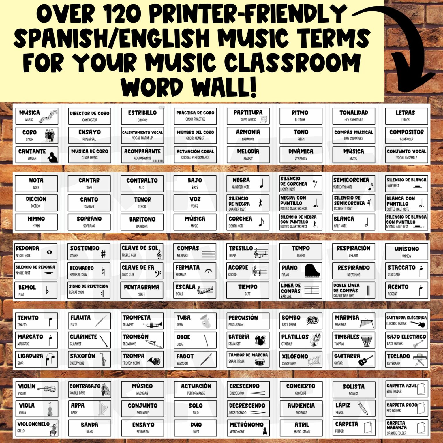 Spanish and English Music Word Wall Cards for the Music Classroom ...