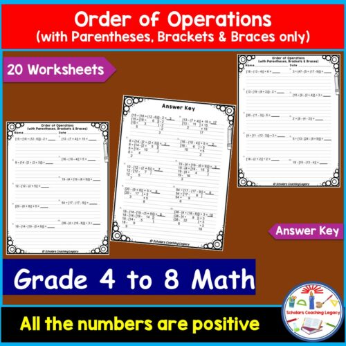Order of Operations with Parentheses, brackets & braces Worksheet Math ...