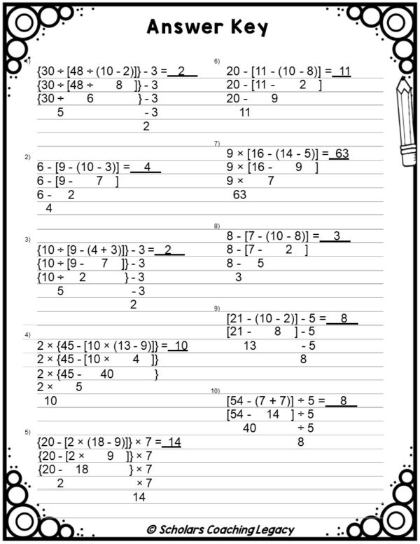 Order of Operations with Parentheses, brackets & braces Worksheet Math ...