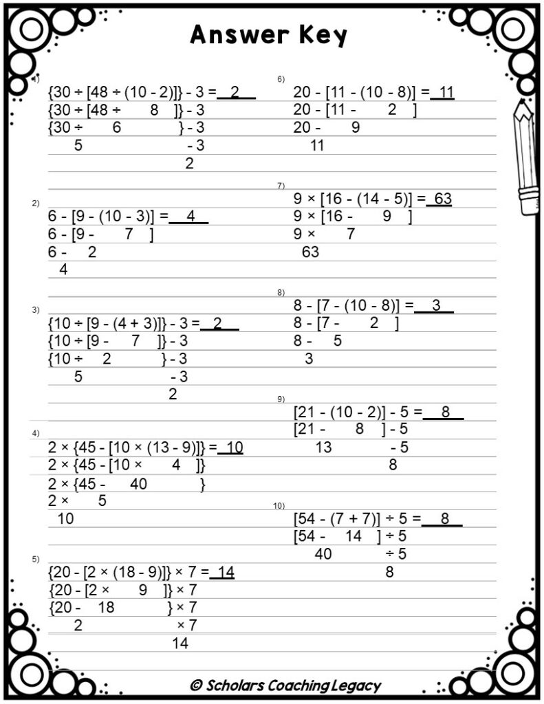 Order of Operations with Parentheses, brackets & braces Worksheet Math ...
