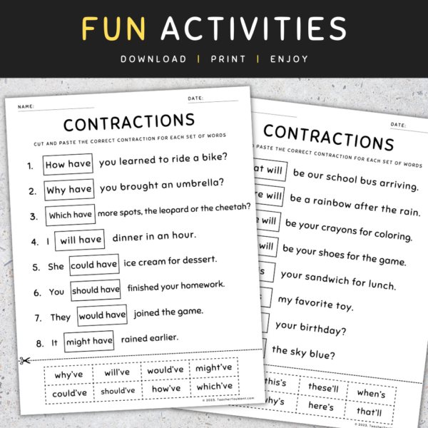 Contractions Sentences Worksheets Cut and Paste Grammar Practice ...