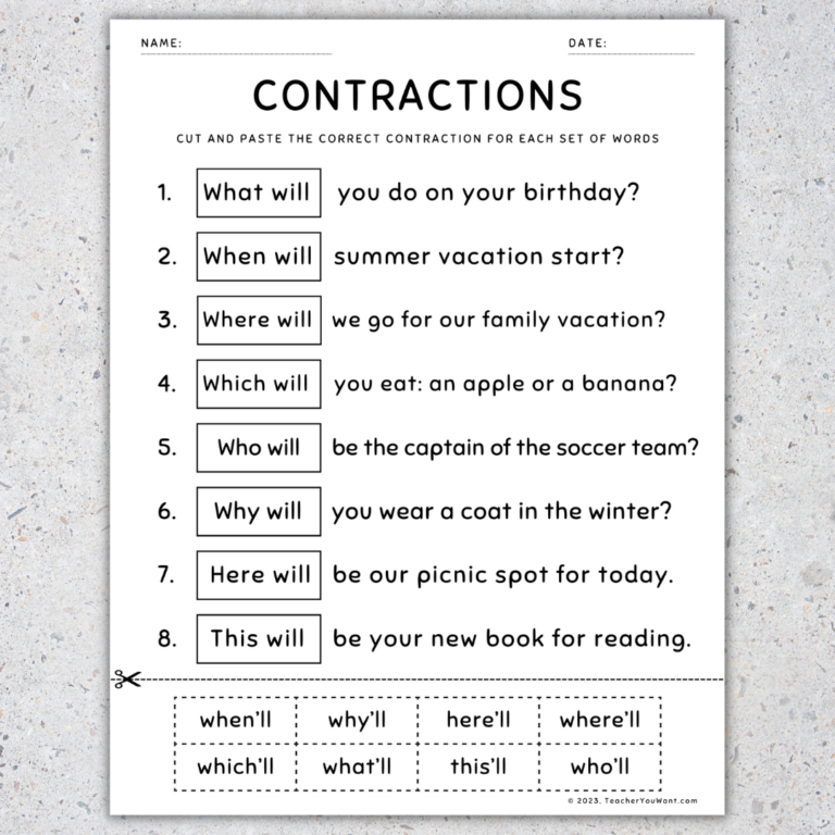 Contractions Sentences Worksheets Cut and Paste Grammar Practice ...
