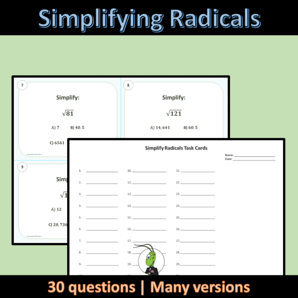 Simplifying Radicals Algebra 1 Task Cards Editable | Made By Teachers