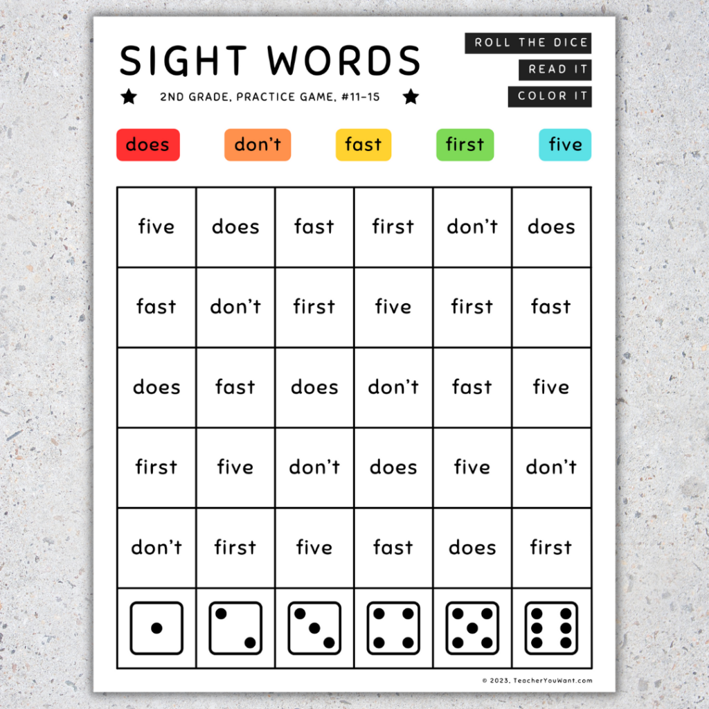 2nd Grade Color by Sight words and Roll & Color Practice Game - SET 9 ...