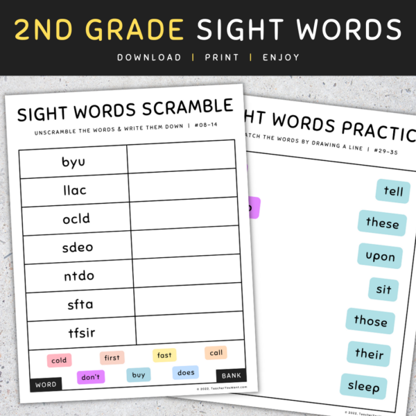 2nd Grade Sight Words Worksheets Match and Unscramble Activities, SET ...