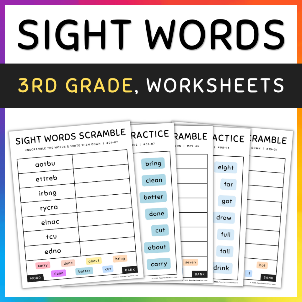 3rd Grade Sight Words Worksheets Match and Unscramble Activities, SET ...