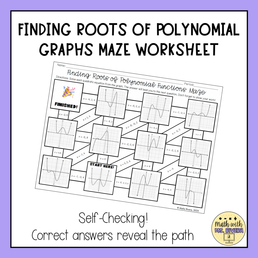 Finding Roots of Polynomial Functions from Graphs Maze Worksheet - Made ...