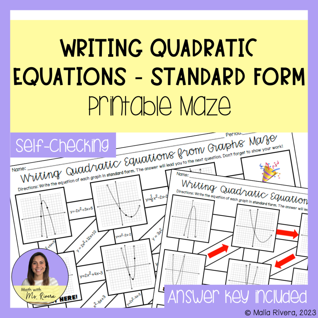 Writing Quadratic Equations from Graphs in Standard Form Maze Worksheet ...