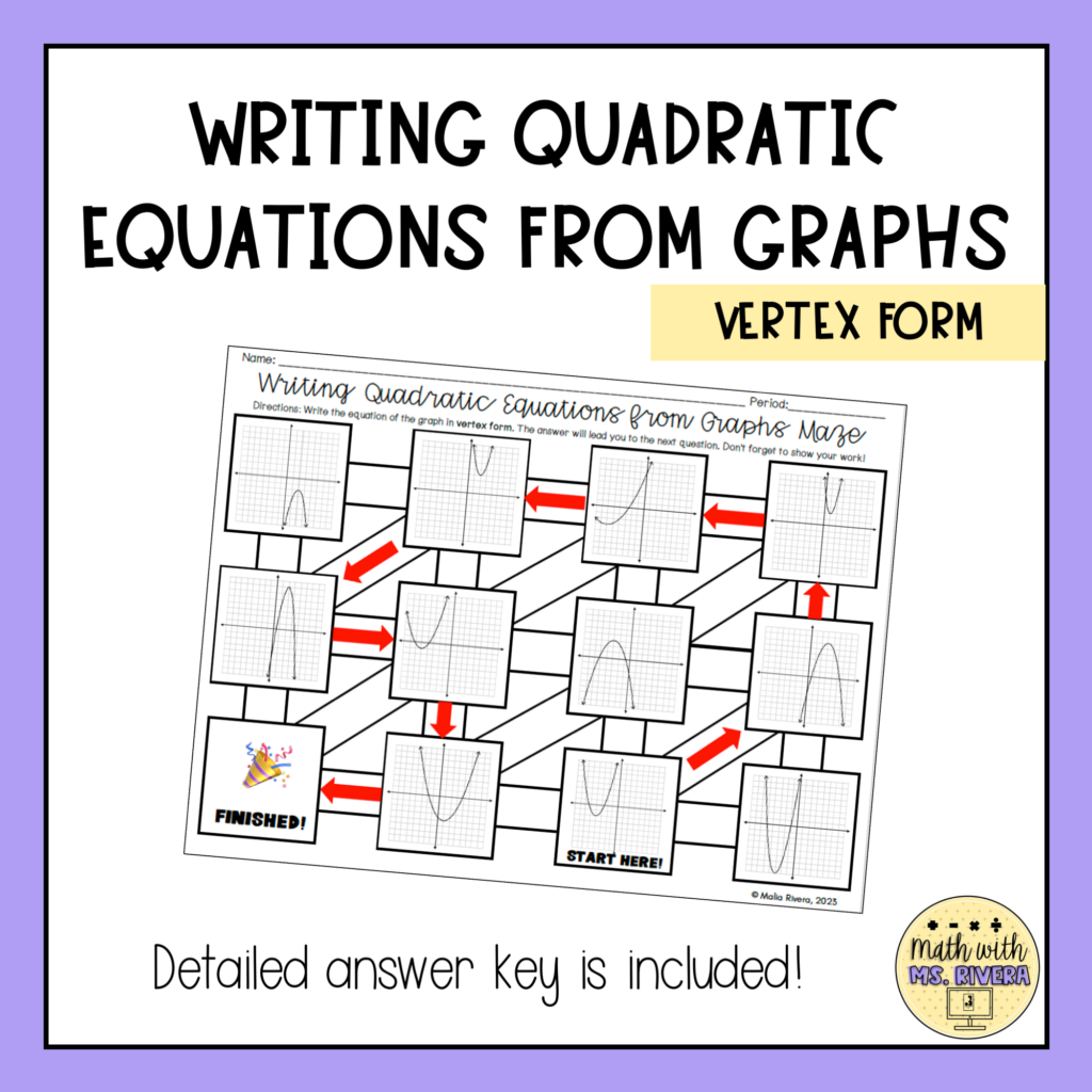 Writing Quadratic Equations from Graphs in Vertex Form Maze Worksheet ...