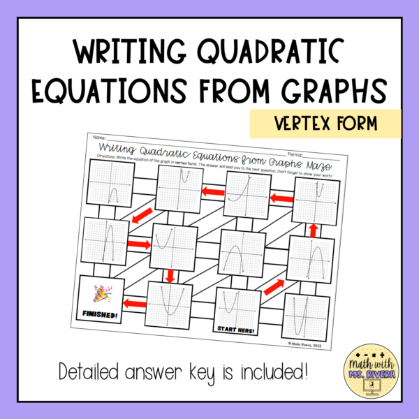 Writing Quadratic Equations from Graphs in Vertex Form Maze Worksheet ...