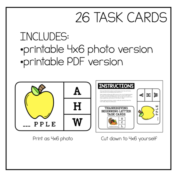 Thanksgiving Beginning Letter Task Cards {4x6} for Literacy Centers ...