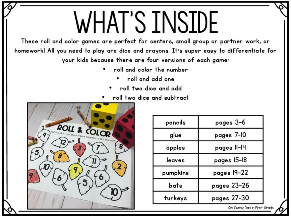 Fall Roll and Color Math Games - Made By Teachers