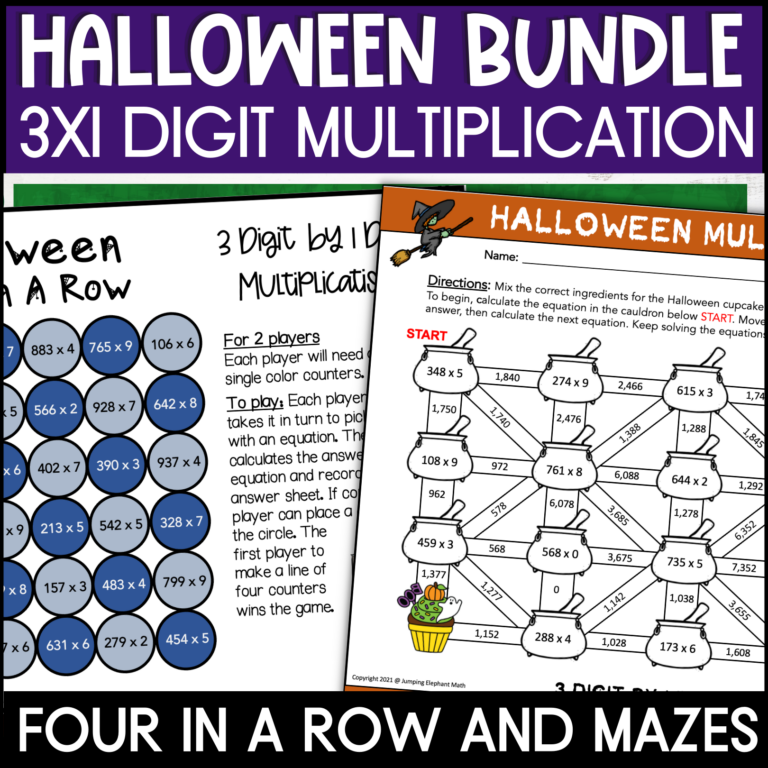 Halloween 3 Digit by 1 Digit Multiplication Four in A Row and Math ...