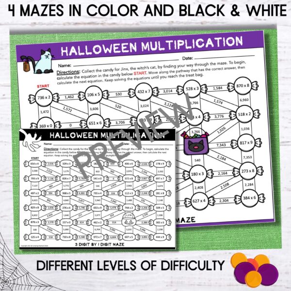 Halloween 3 Digit by 1 Digit Multiplication Four in A Row and Math ...