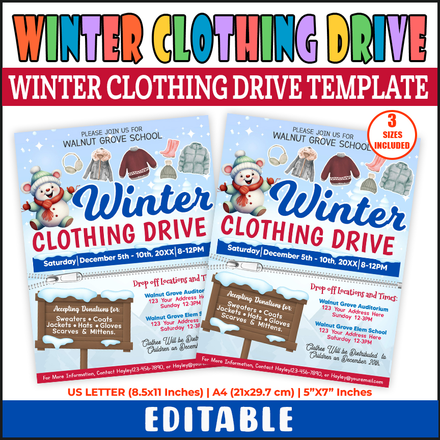 DIY Winter Clothing Drive Flyer, Customizable School Holiday Winter ...