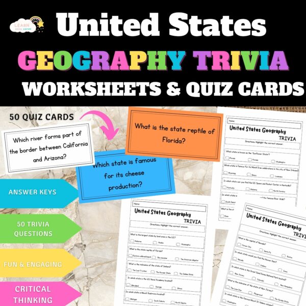 US Geography Worksheets - United States Trivia Printables & Quiz Cards ...