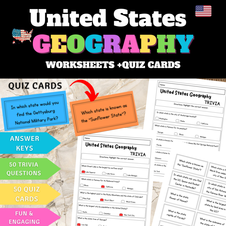 US Geography Worksheets - United States Trivia Printables & Quiz Cards ...