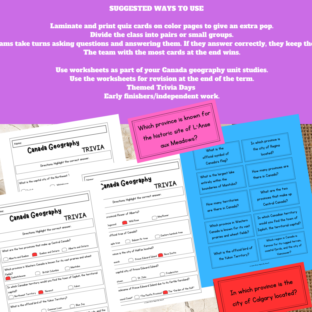 Canadian Geography Worksheets - Canadian Geography Trivia & Quiz Cards ...