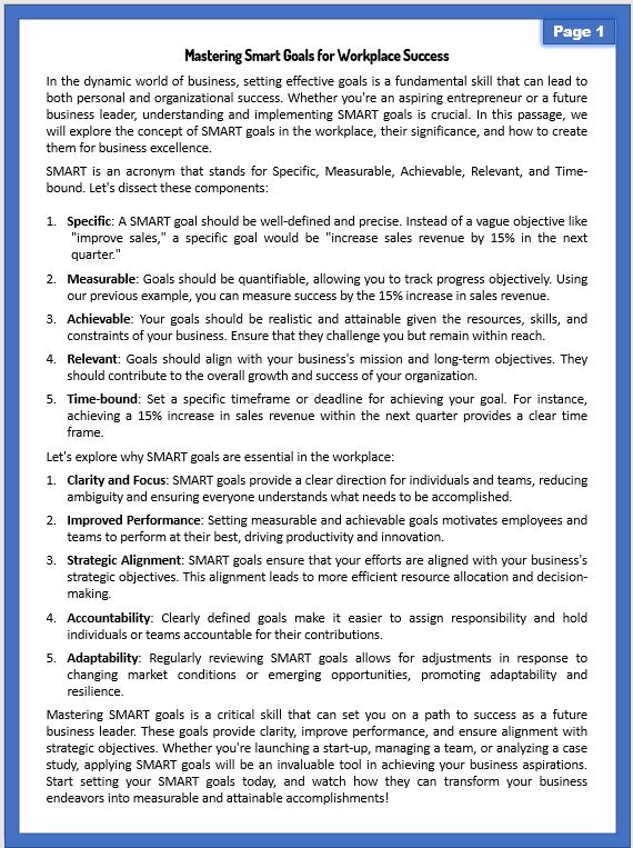 SMART Goals Workplace Reading Passage and questions - no prep - dig and ...