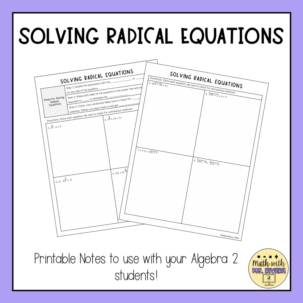 Solving Radical Equations Guided Notes Algebra 2 - Made By Teachers