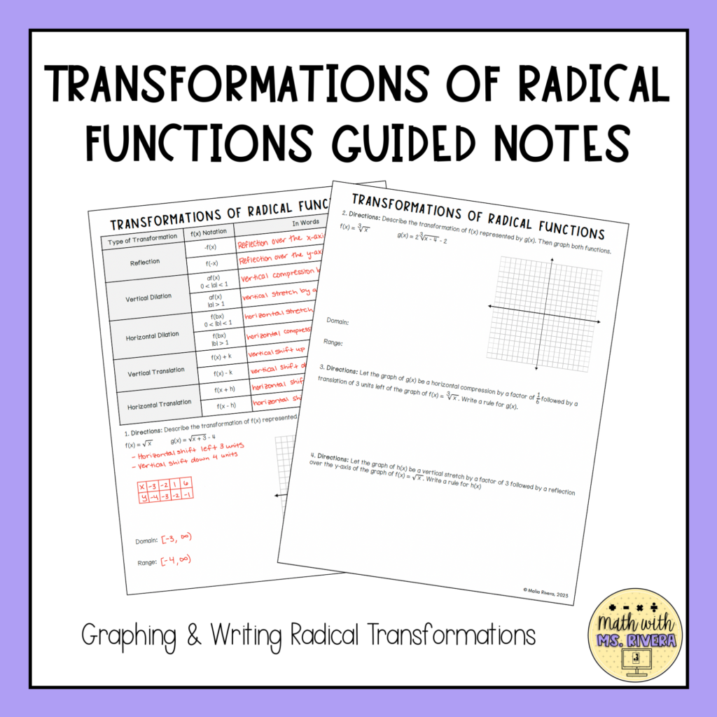 Transformations of Radical Functions Guided Notes for Algebra 2 | Made ...