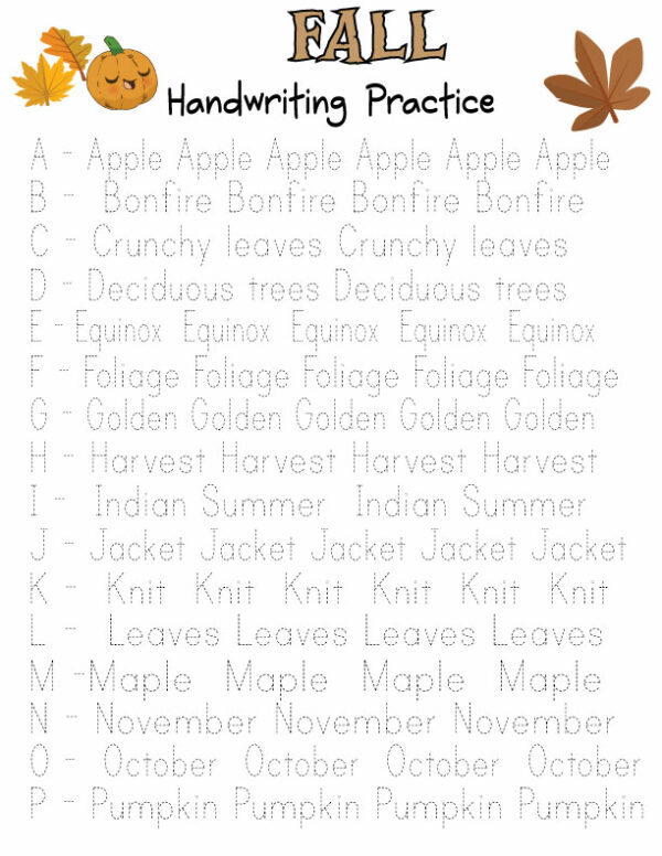 FALL Autumn Handwriting Practice & Alphabet Tracing,Numbers, Words ...