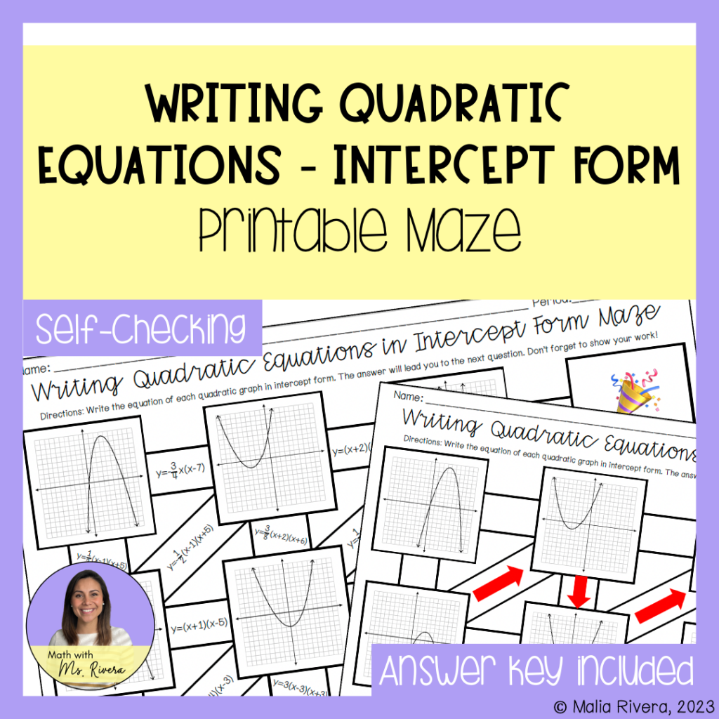 Writing Quadratic Equations from Graphs in Intercept Form Maze ...