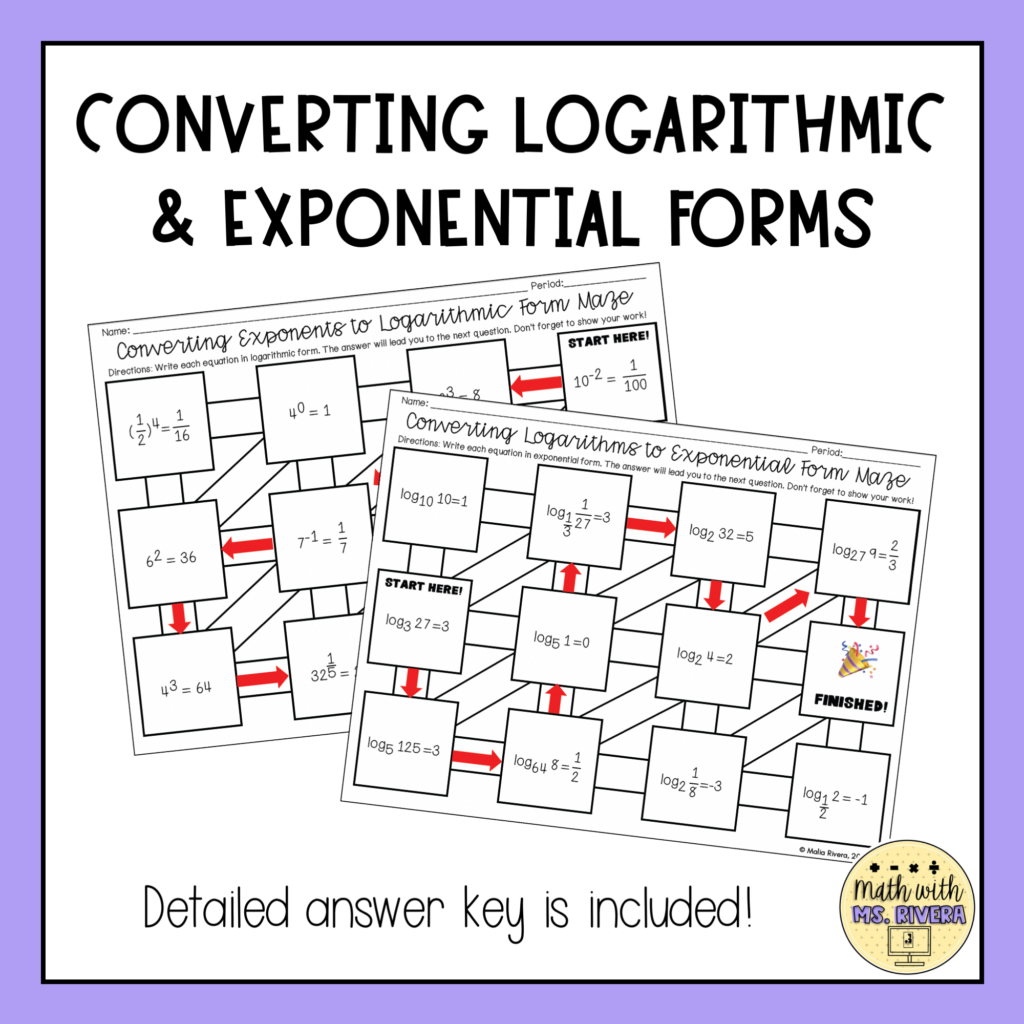 Converting Between Logarithmic and Exponential Equations Maze Worksheet ...