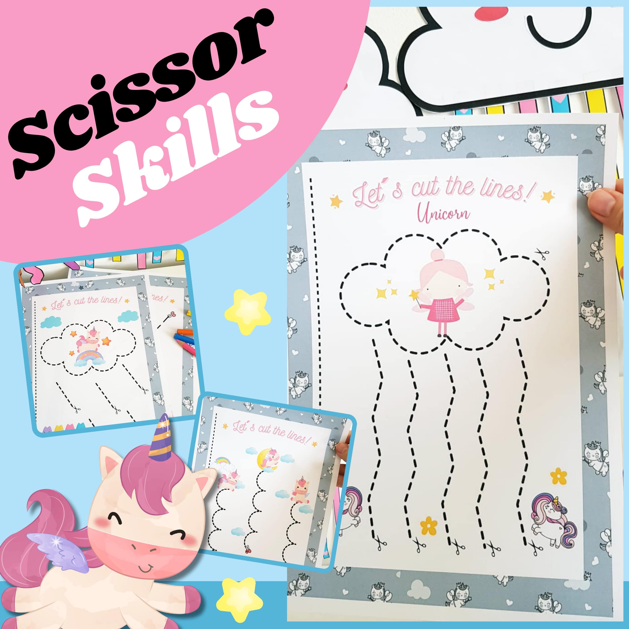 Scissor Skills Cutting Practice with Unicorn Color Cut and Paste (part ...