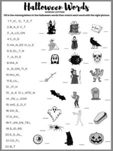 Halloween Vocabulary Worksheet | Fill in the Missing Letters Halloween ...