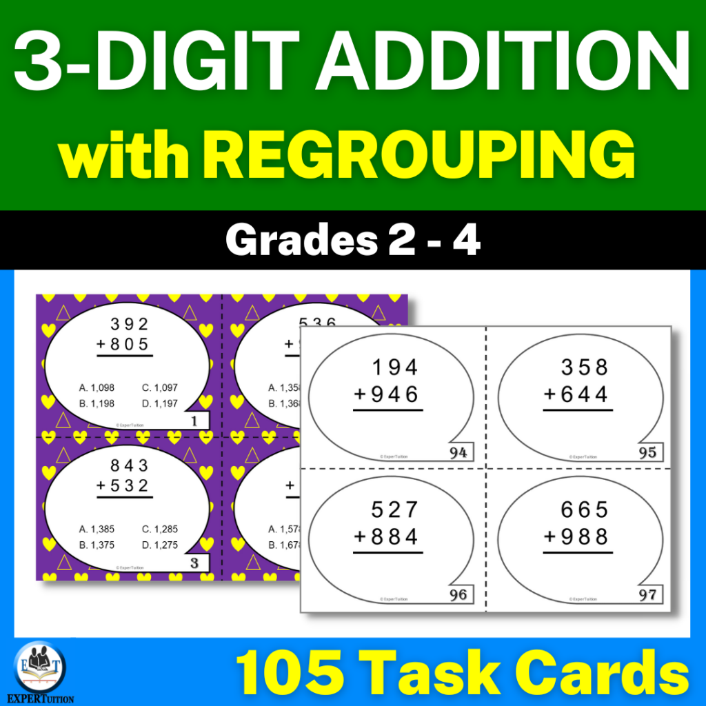 3-Digit Addition With Regrouping Task Cards | Multiple Choice & Open ...