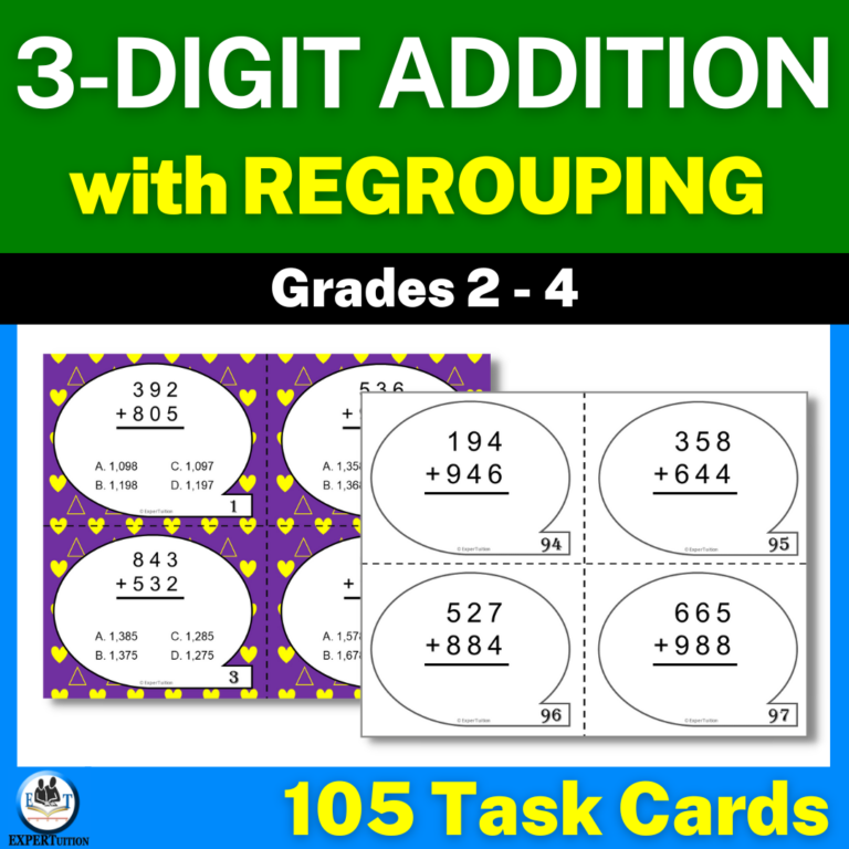 3-Digit Addition With Regrouping Task Cards | Multiple Choice & Open ...