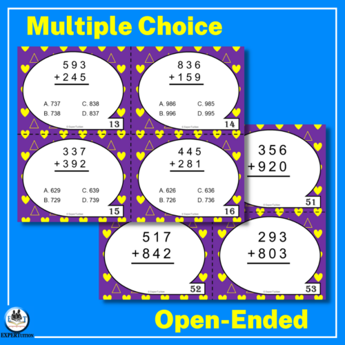 3-Digit Addition With Regrouping Task Cards | Multiple Choice & Open ...