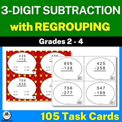 3-Digit Subtraction With Regrouping Task Cards | Multiple Choice & Open ...