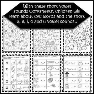 Short Vowel CVC Words Worksheets - Vowel Sounds, Color & Cut and Paste ...