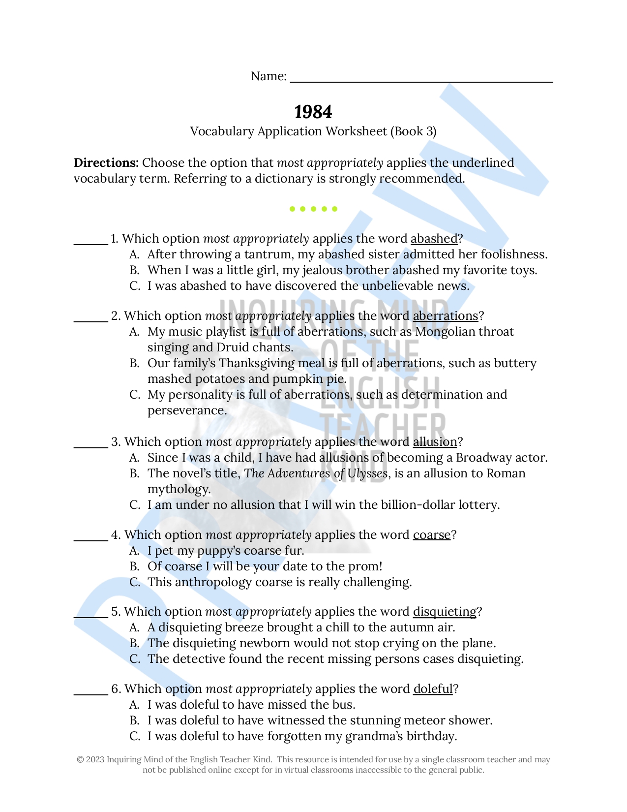 1984 by George Orwell Vocabulary Development Games and Activities ...
