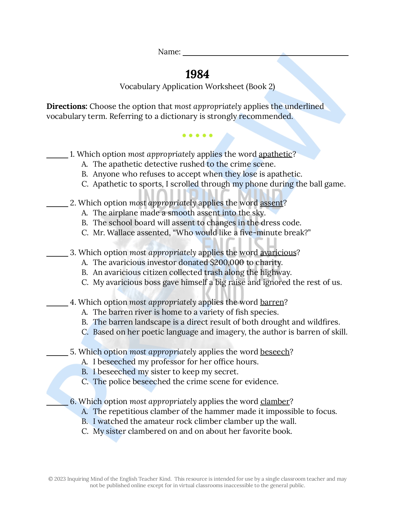 1984 by George Orwell Vocabulary Development Games and Activities ...