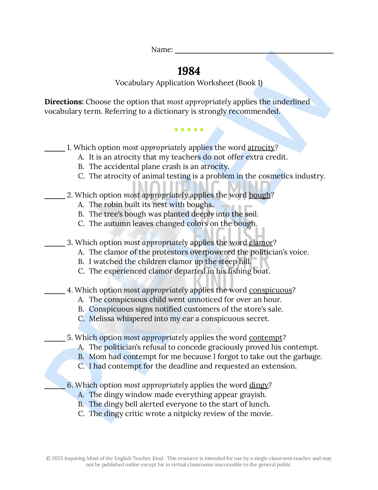 1984 by George Orwell Vocabulary Development Games and Activities ...