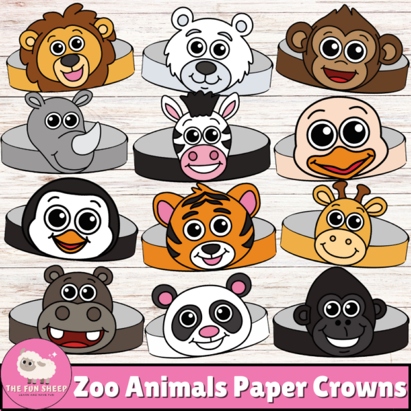 Zoo Animals Paper Crowns | Animal Hats Set - Craft Coloring Activity ...