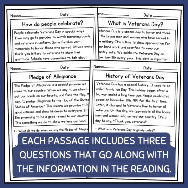 Veterans Day Reading Comprehension Passages • Veterans Day Activities ...
