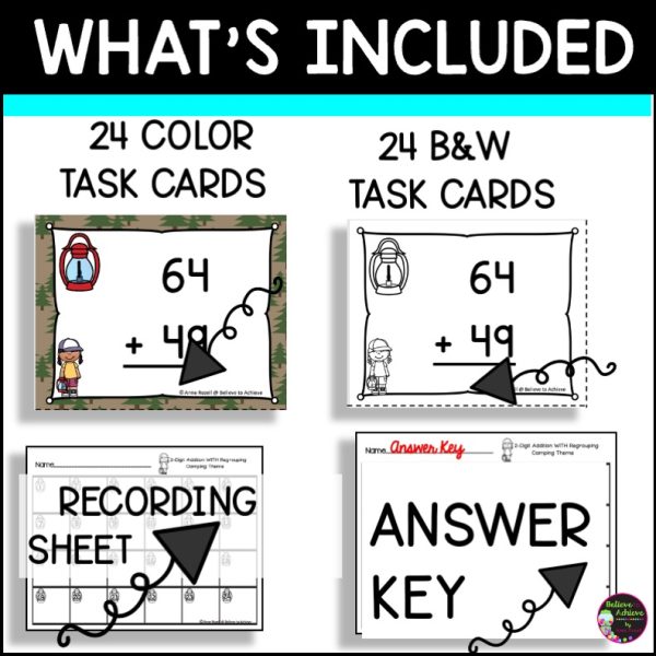 2 Digit Addition With Regrouping Task Cards | Camping Theme - Made By ...