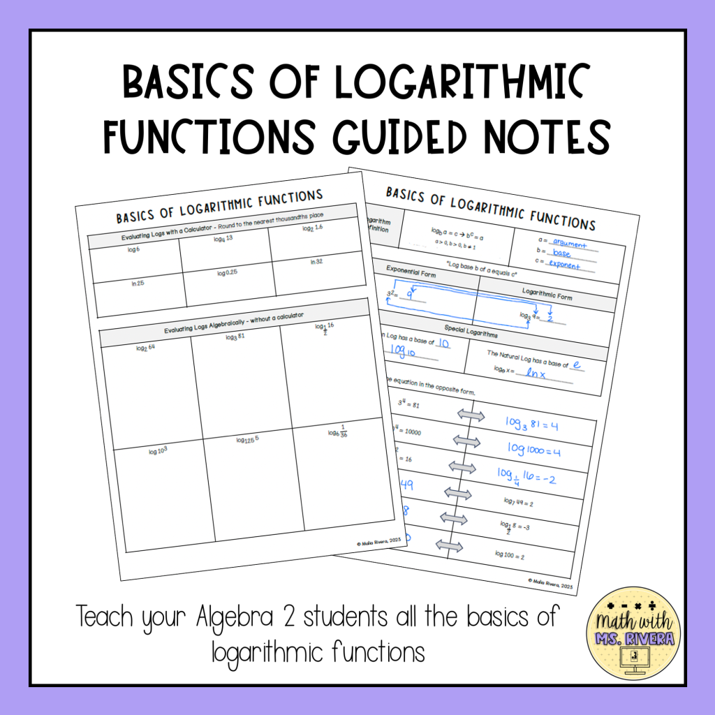Logarithmic Function Basics Guided Notes for Algebra 2 - Made By Teachers