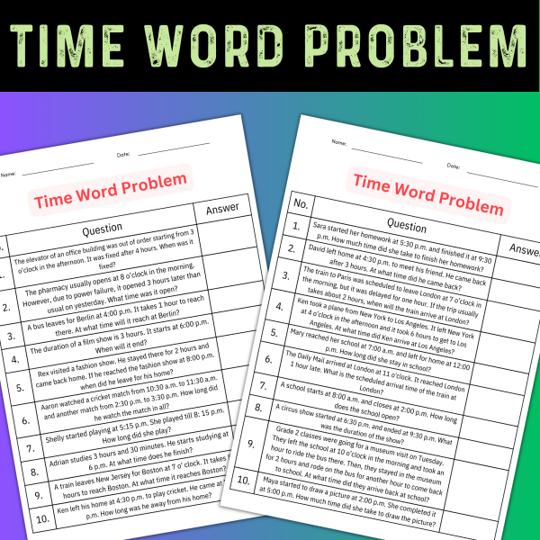 Printable Telling Time and Elapsed Time Word Problems Worksheets for ...