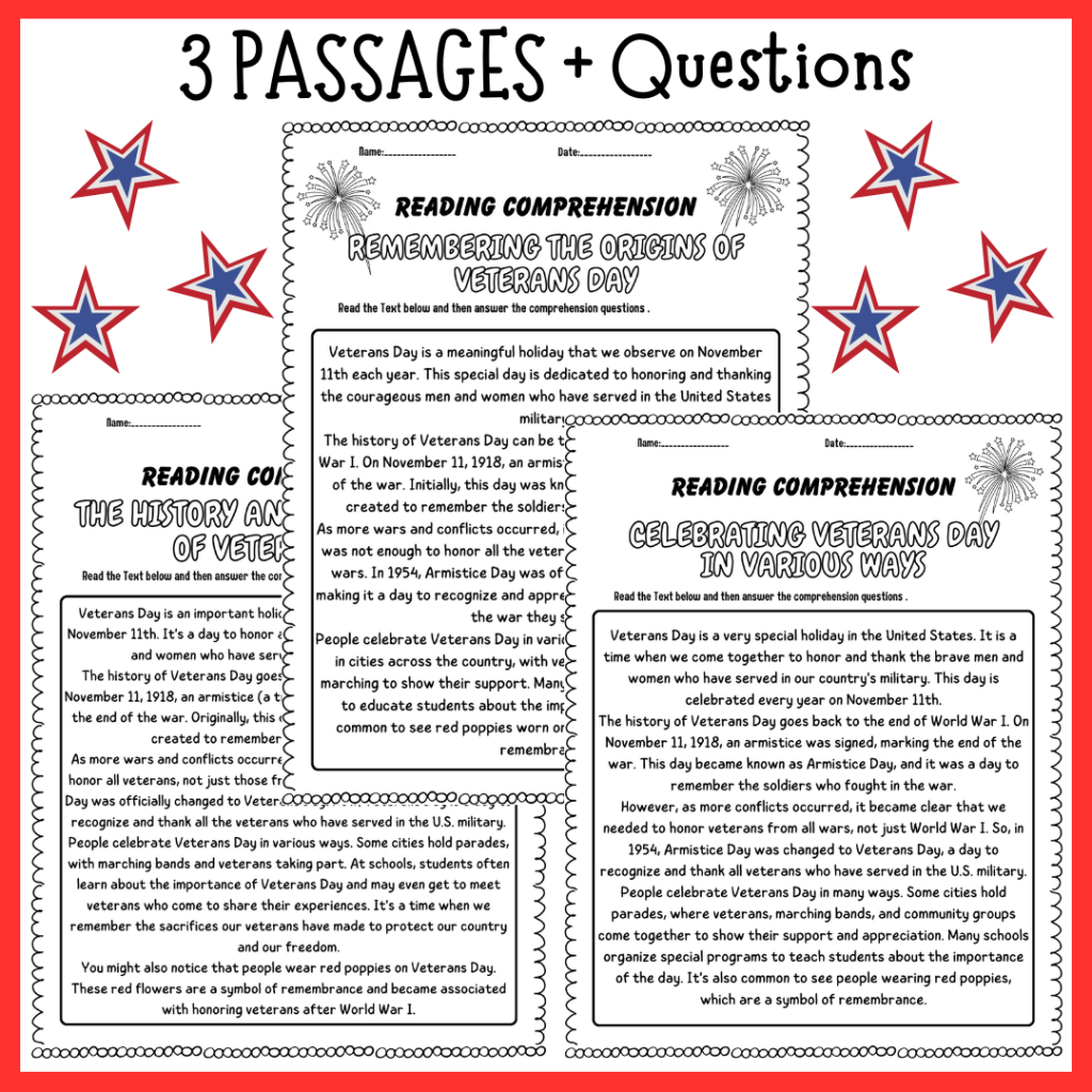 Veterans Day: Reading Comprehension Passage and Questions with Answer ...