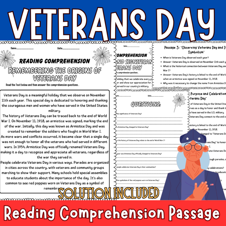 Veterans Day: Reading Comprehension Passage and Questions with Answer ...