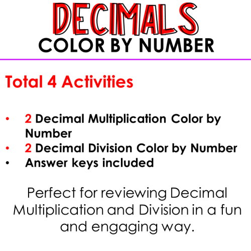 Multiplying and Dividing Decimals Worksheets Color by Numbers for 5th ...