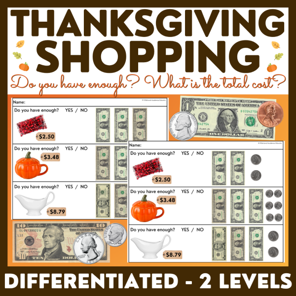 Thanksgiving Shopping Task Cards/ Worksheets - Money Math - Special ...