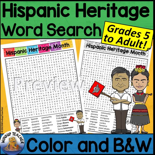 Hispanic Heritage Month Word Search Activity Hard for Grades 5 to Adult ...